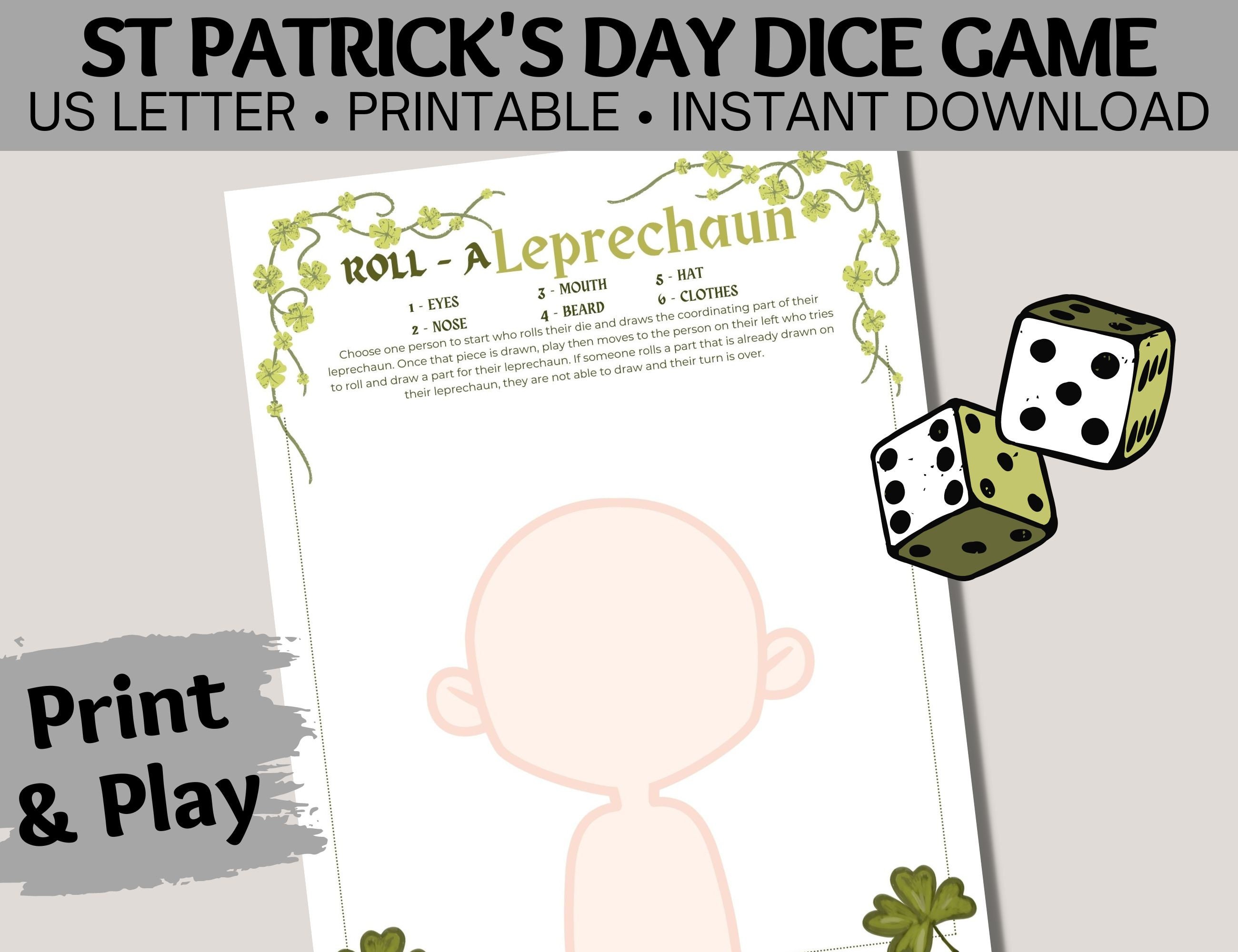 Printable St Patrick's Day Roll A Leprechaun Dice Game, Coloring Party ...