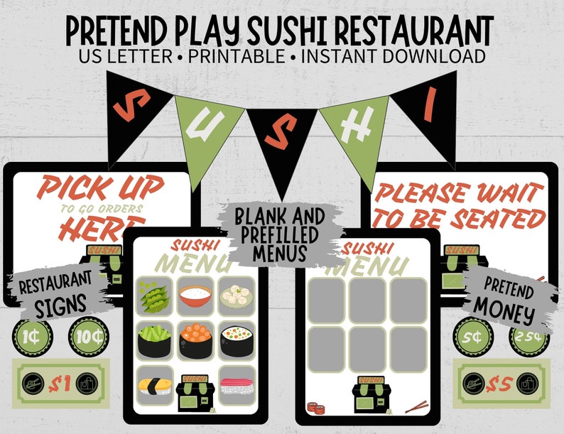 Pretend Play Sushi Restaurant Printable Bundle, Kitchen Dramatic Play ...