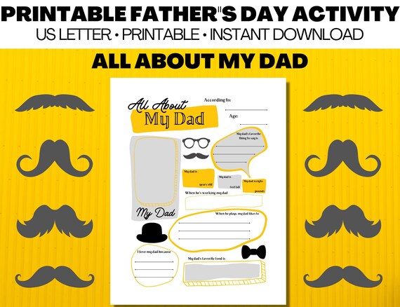 All About My Dad Printable Father's Day Activity Cute Last | Etsy