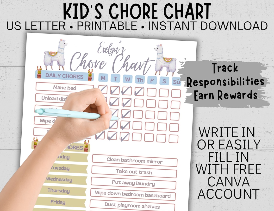 Editable Boho Llama Rainbow Chore Chart for Kids, Printable & Fillable ...