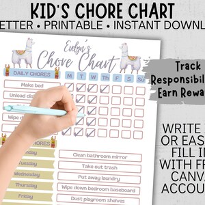 Editable Boho Llama Rainbow Chore Chart for Kids, Printable & Fillable ...