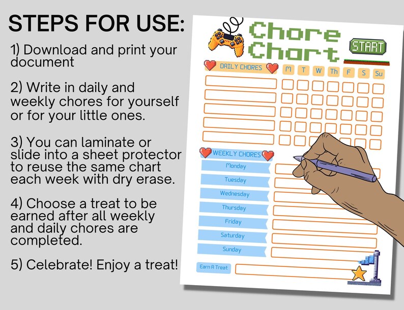 Gamer Chore Chart for Kids, Printable Responsibility Tracker and Reward ...