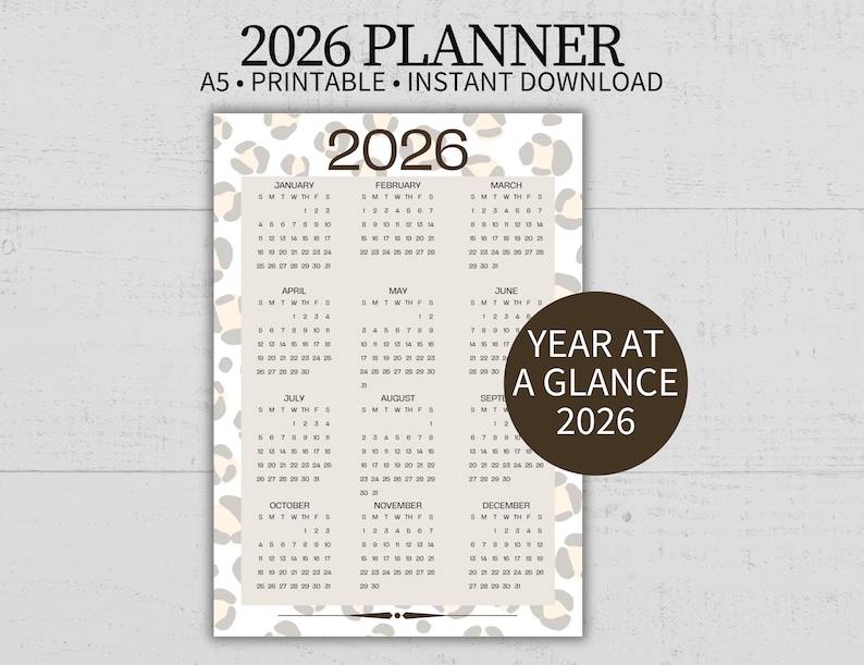 Printable Leopard Print A5 Planner, Instant Download Monthly Calendar ...