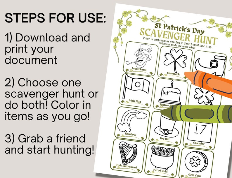 Printable St Patrick's Day Scavenger Hunt Bundle, Coloring St Patty's ...