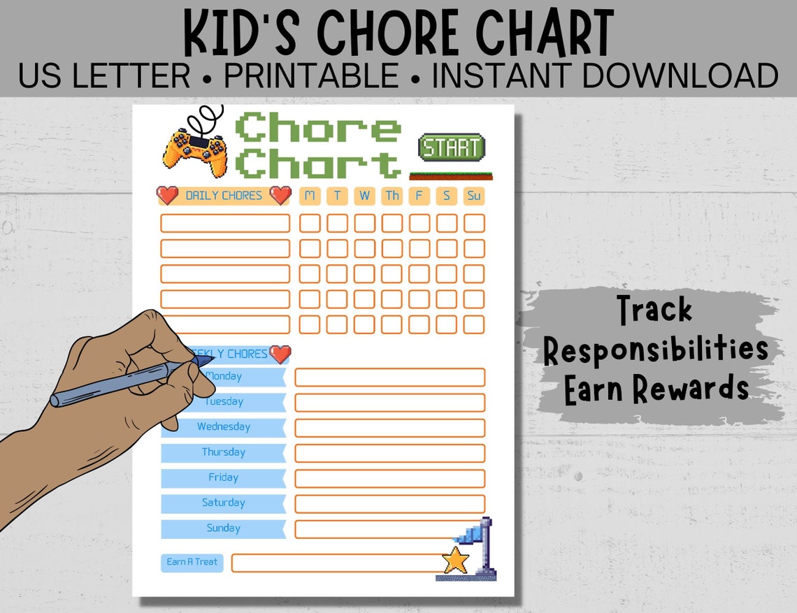 Gamer Chore Chart for Kids, Printable Responsibility Tracker and Reward ...