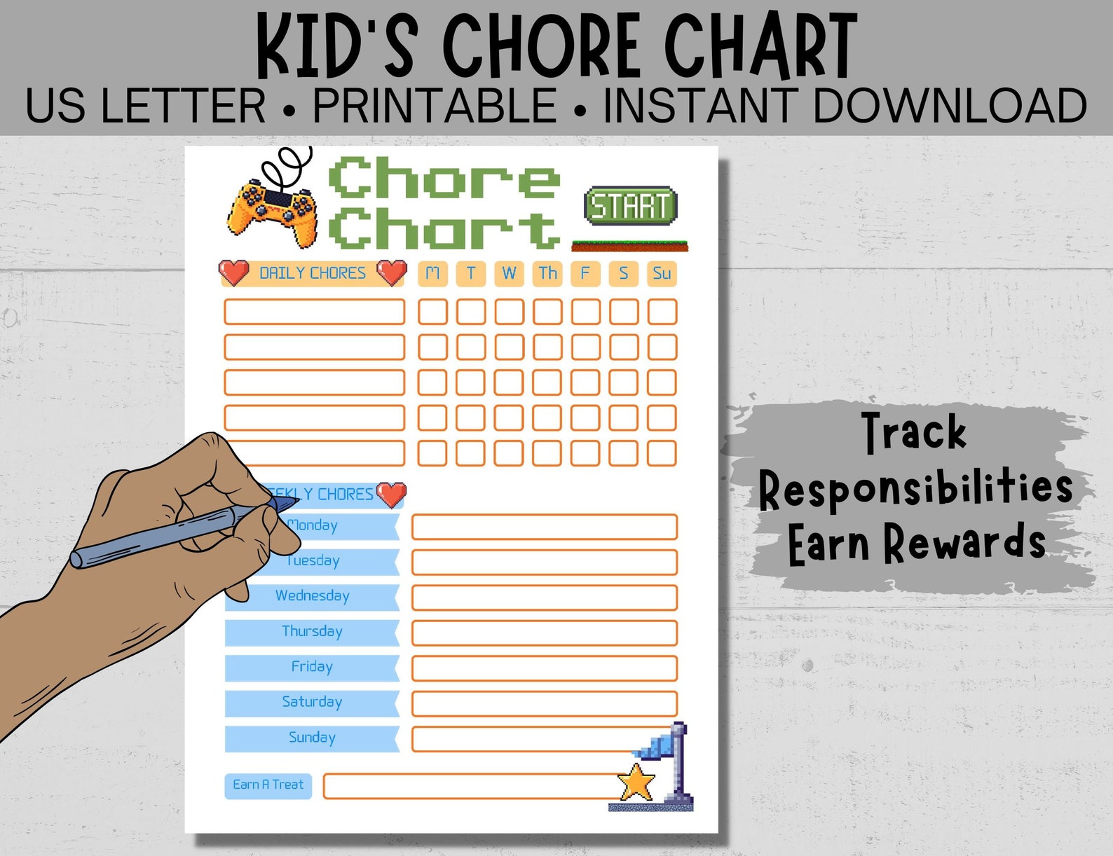 Gamer Chore Chart for Kids, Printable Responsibility Tracker and Reward ...