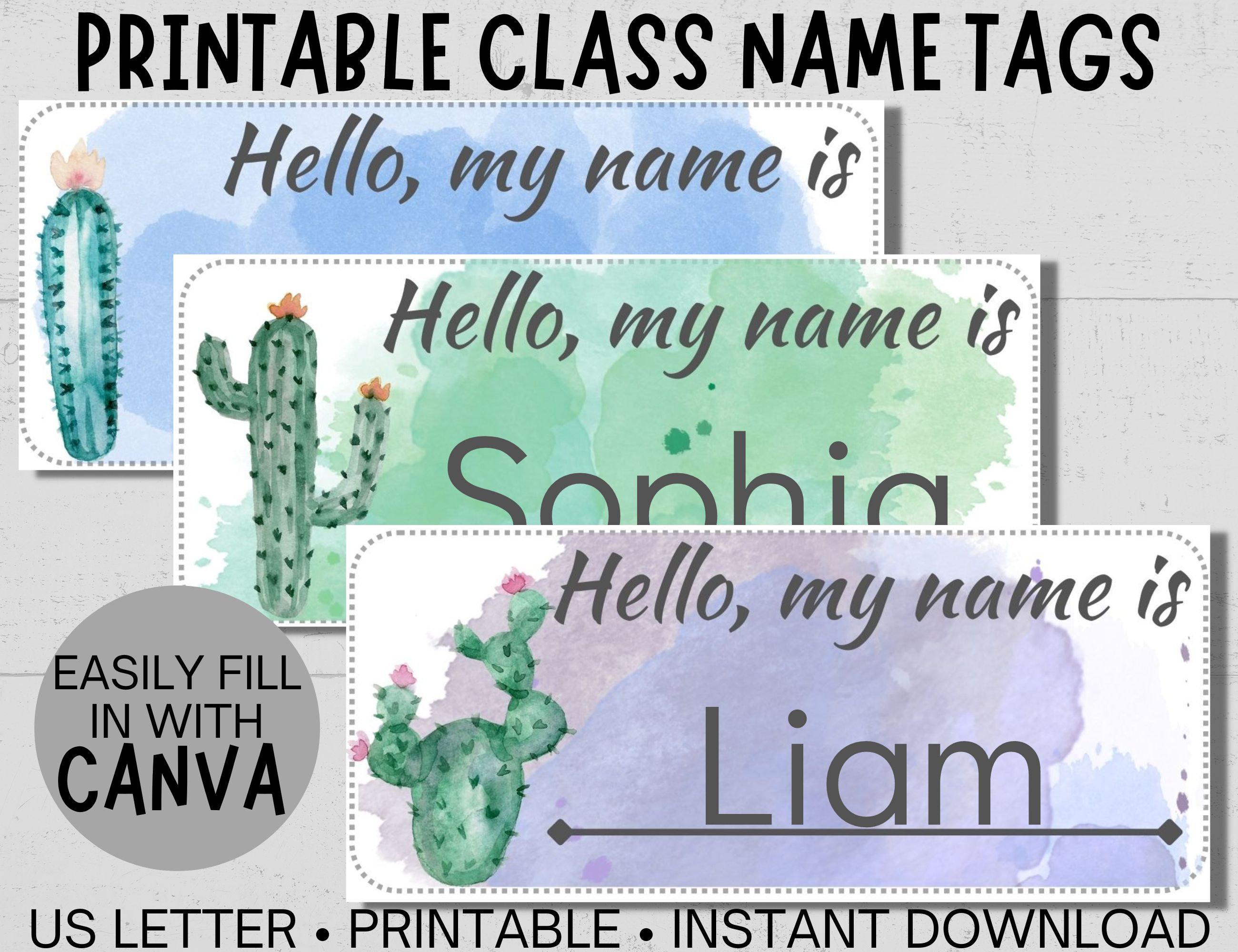 Editable Student Name Tags, Fill and Print Class Name Tags, Cactus ...