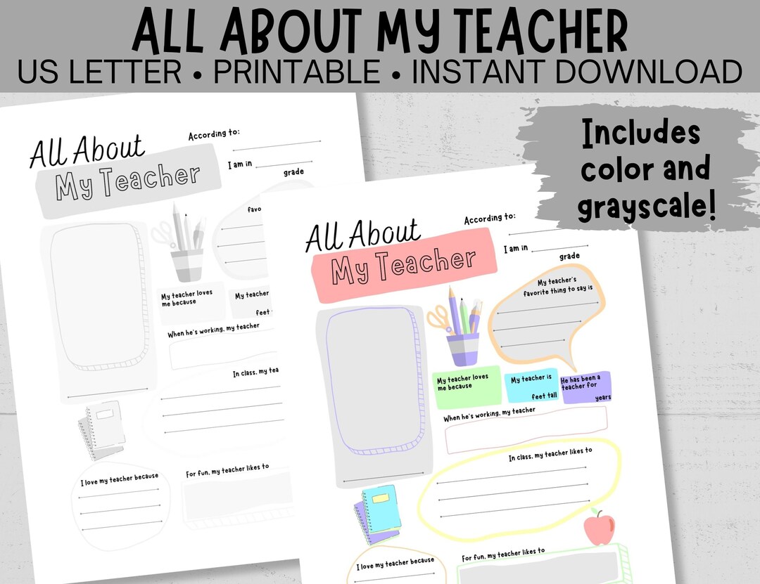 All About My Teacher, Printable Teacher Appreciation Gift, DIY Present ...