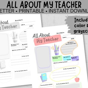 All About My Teacher, Printable Teacher Appreciation Gift, DIY Present ...