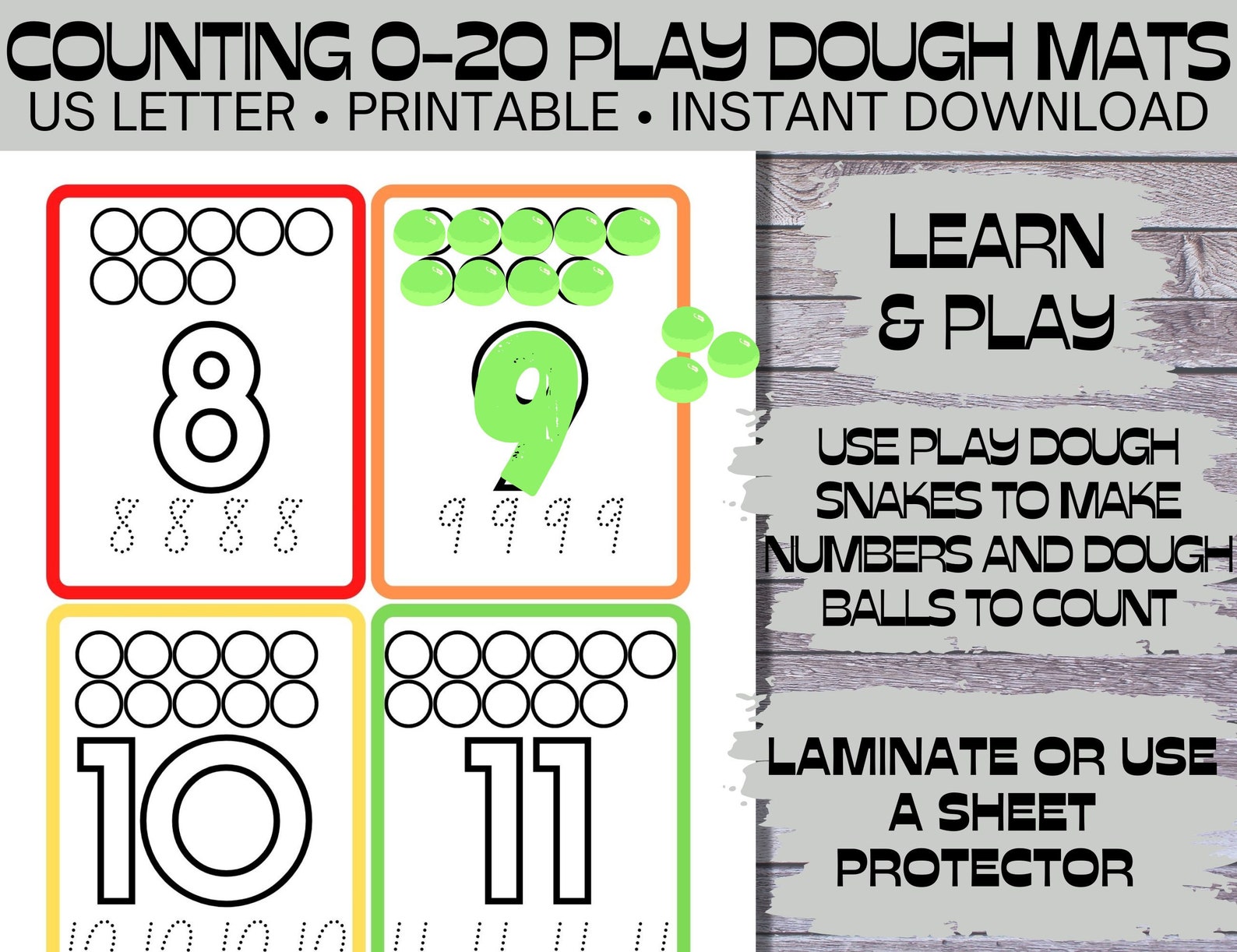 Printable Counting 0-20 Play Dough Mats Dry Erase Number - Etsy
