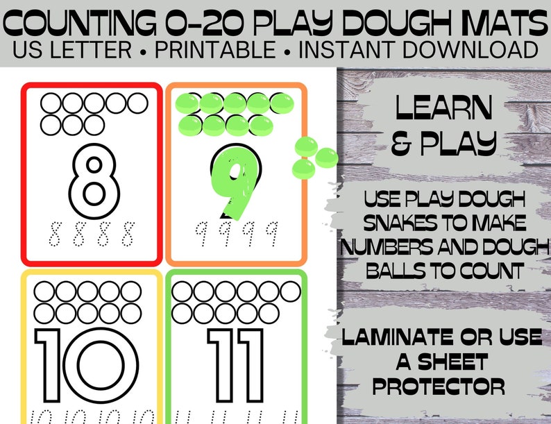 Printable Counting 0-20 Play Dough Mats Dry Erase Number - Etsy