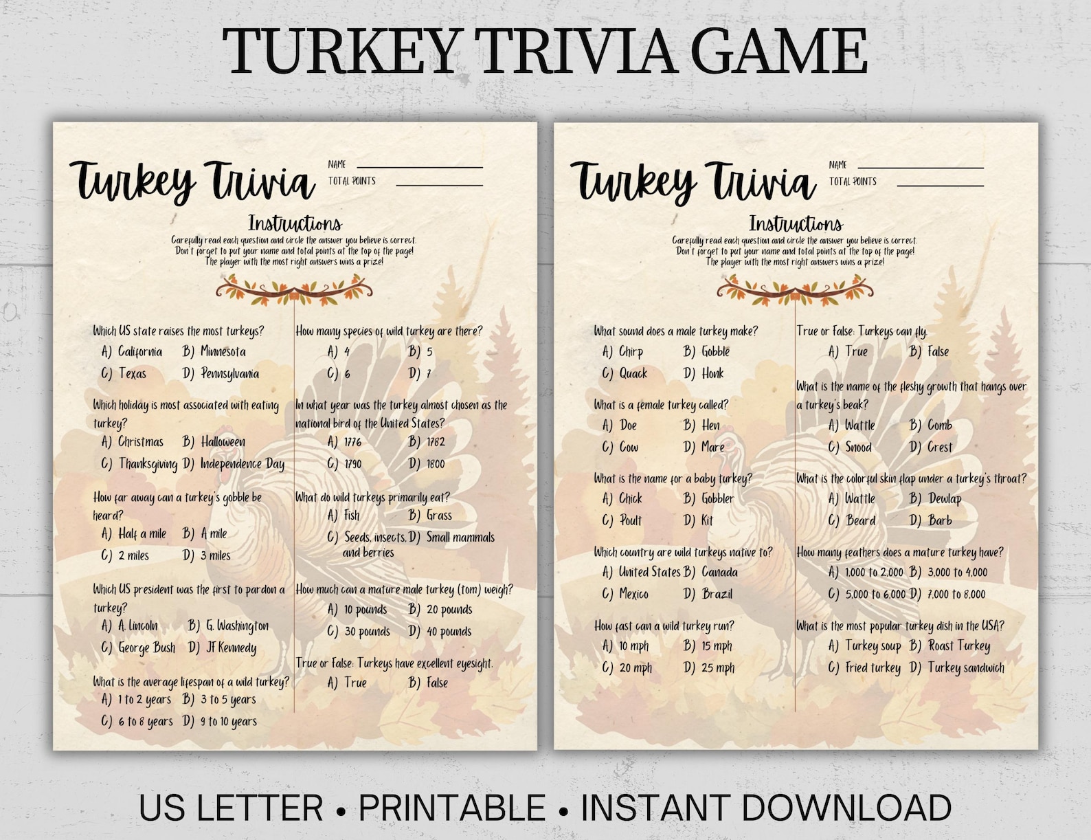 Turkey Trivia, Thanksgiving Trivia Game for Family, Friends, Kids, and ...