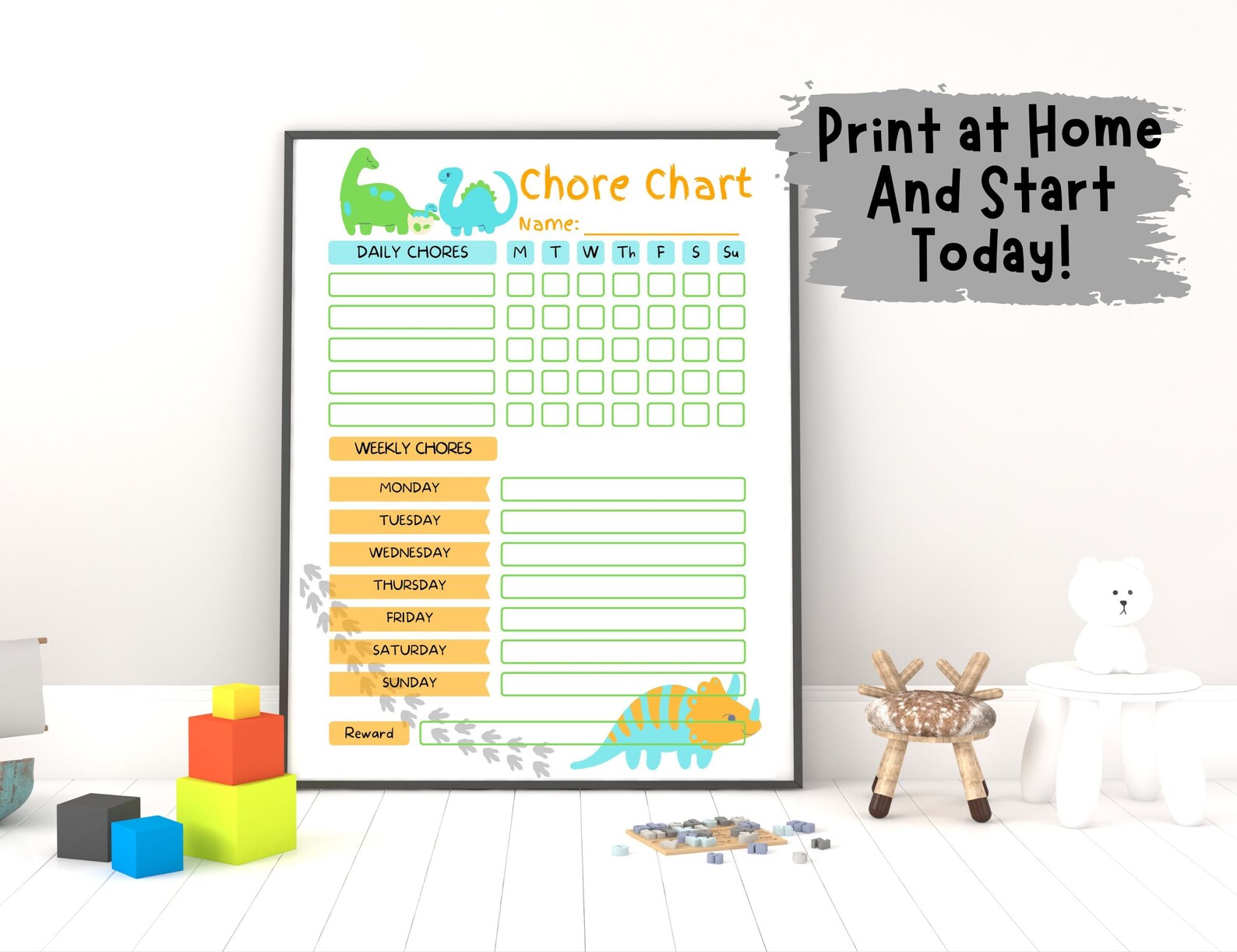 Printable Dinosaur Kids Chore Chart, Responsibility Tracker for Dino ...