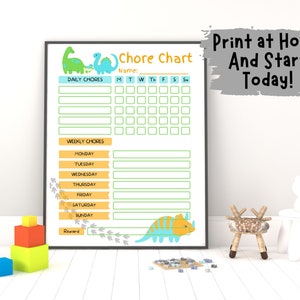 Printable Dinosaur Kids Chore Chart, Responsibility Tracker for Dino ...