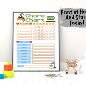 Gamer Chore Chart for Kids, Printable Responsibility Tracker and Reward ...