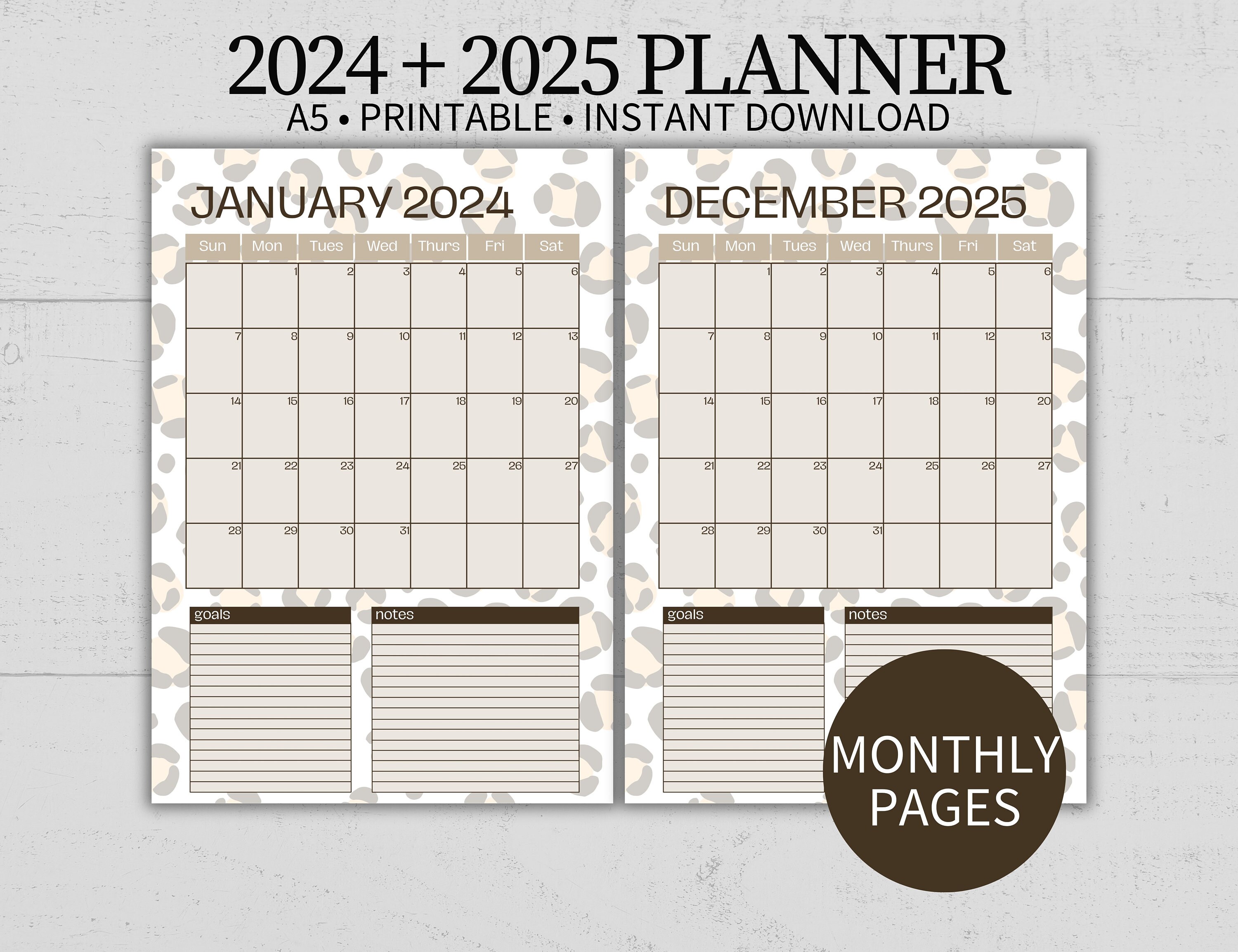 Printable Leopard Print A5 Planner, Instant Download Monthly Calendar ...