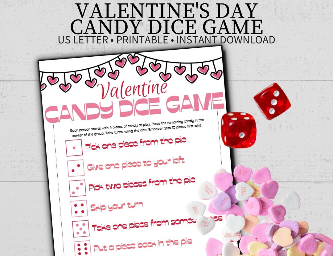 Valentine's Day Candy Dice Game, Printable Valentine Party Game for ...