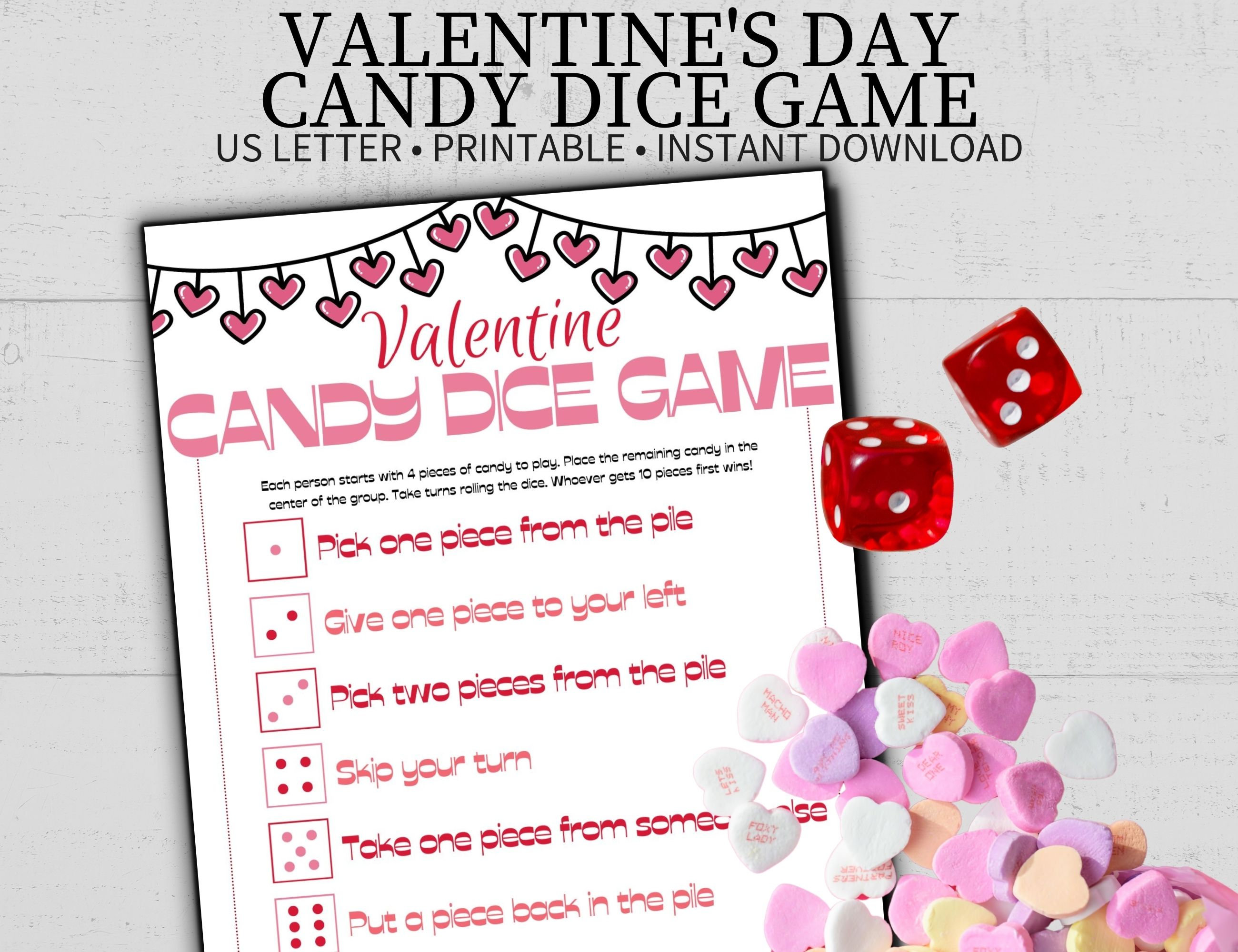 Valentine's Day Candy Dice Game, Printable Valentine Party Game for ...