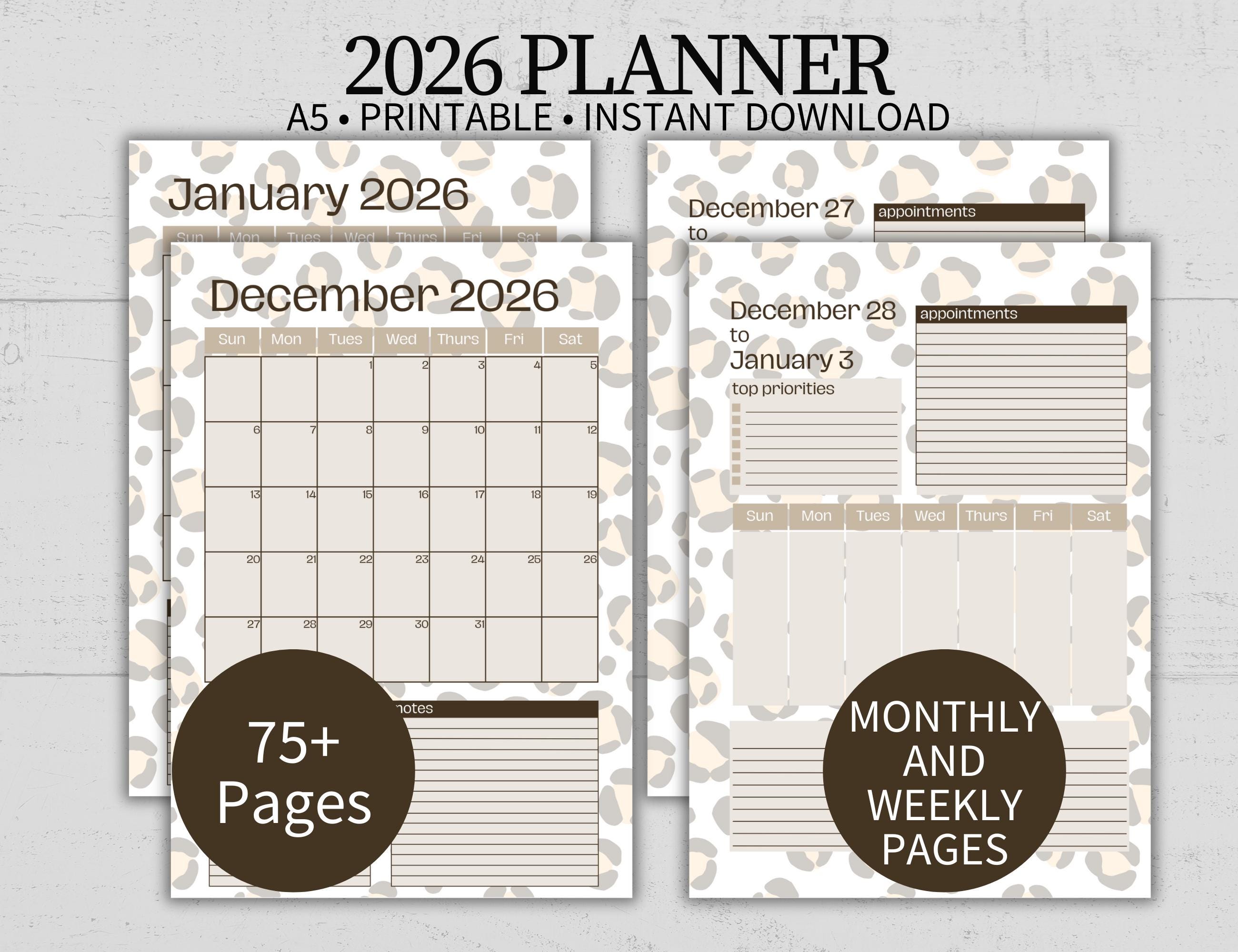 Printable Leopard Print A5 Planner, Instant Download Monthly Calendar ...