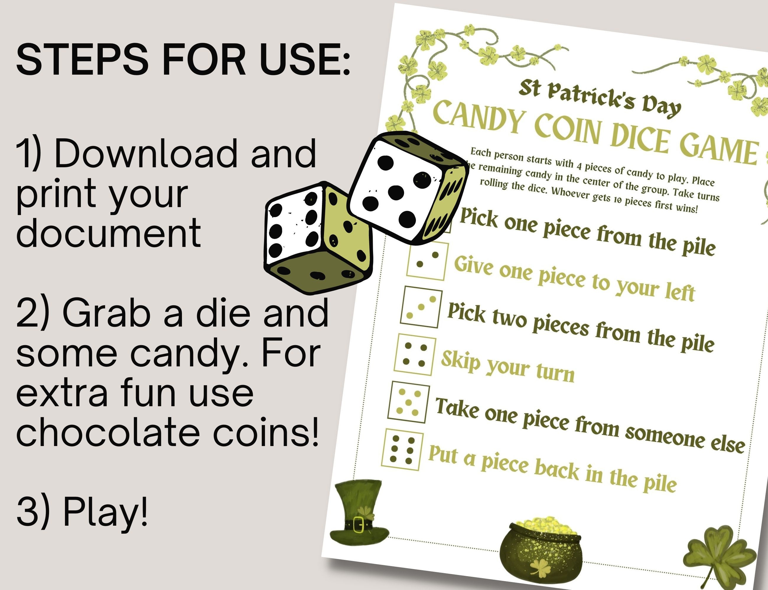 Printable St Patrick's Day Candy Coin Dice Game, St Patty's Party Game ...