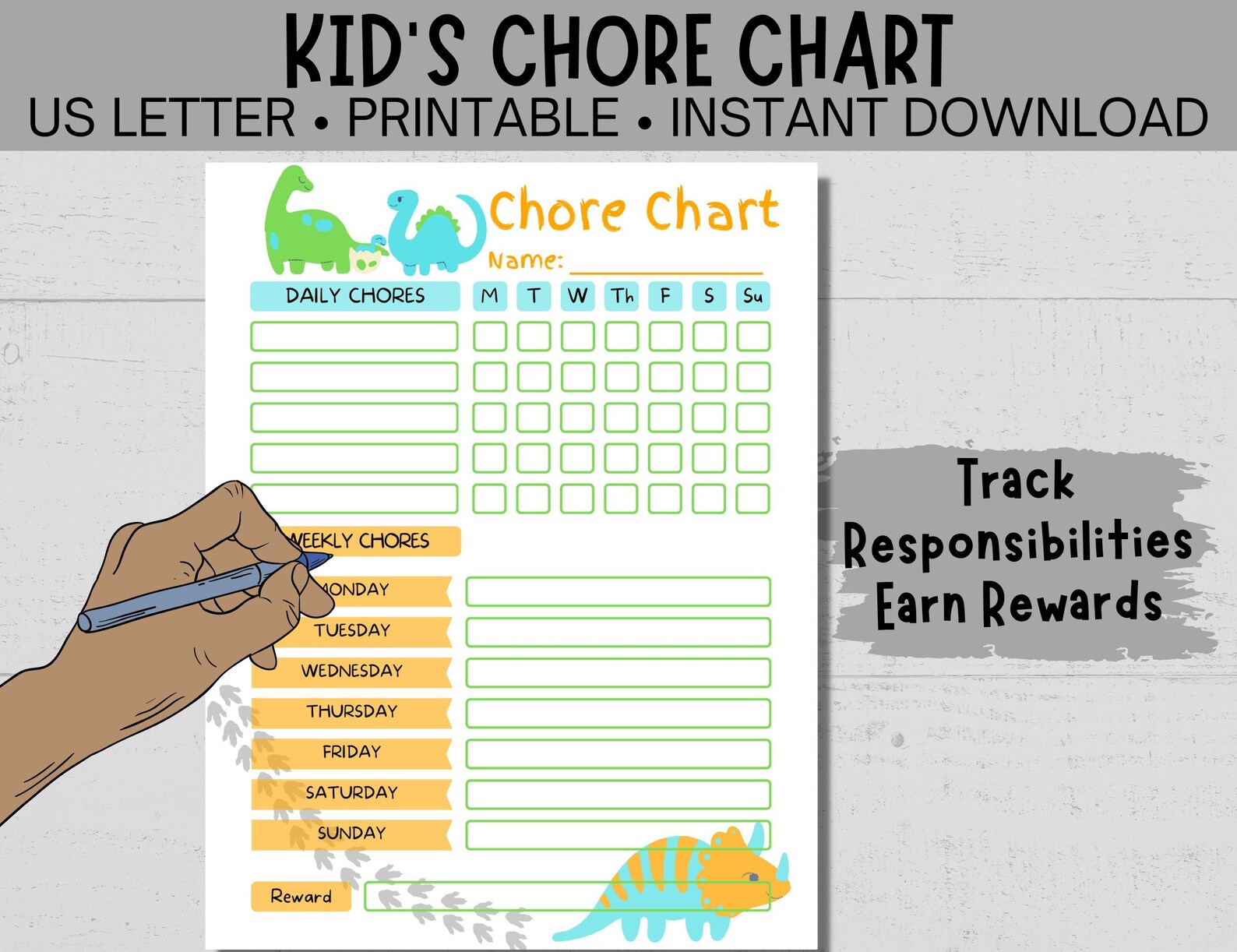 Printable Dinosaur Kids Chore Chart, Responsibility Tracker for Dino ...