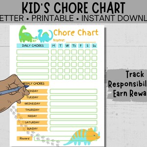 Printable Dinosaur Kids Chore Chart, Responsibility Tracker for Dino ...