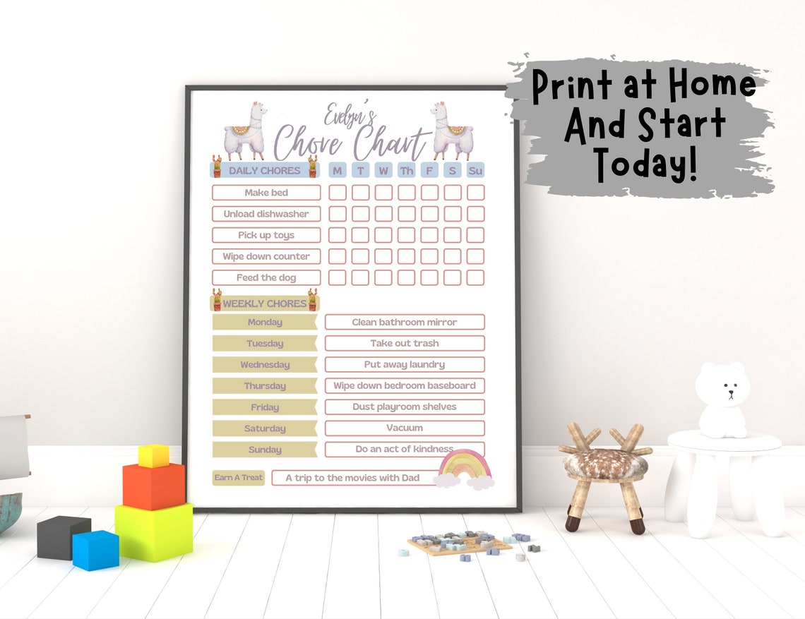 Editable Boho Llama Rainbow Chore Chart for Kids, Printable & Fillable ...