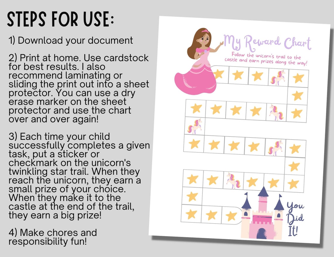 Princess & Unicorn Reward Chart for Kids, Printable Responsibility and ...