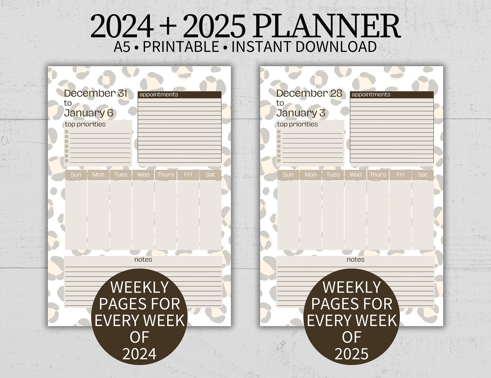 Printable Leopard Print A5 Planner, Instant Download Monthly Calendar ...