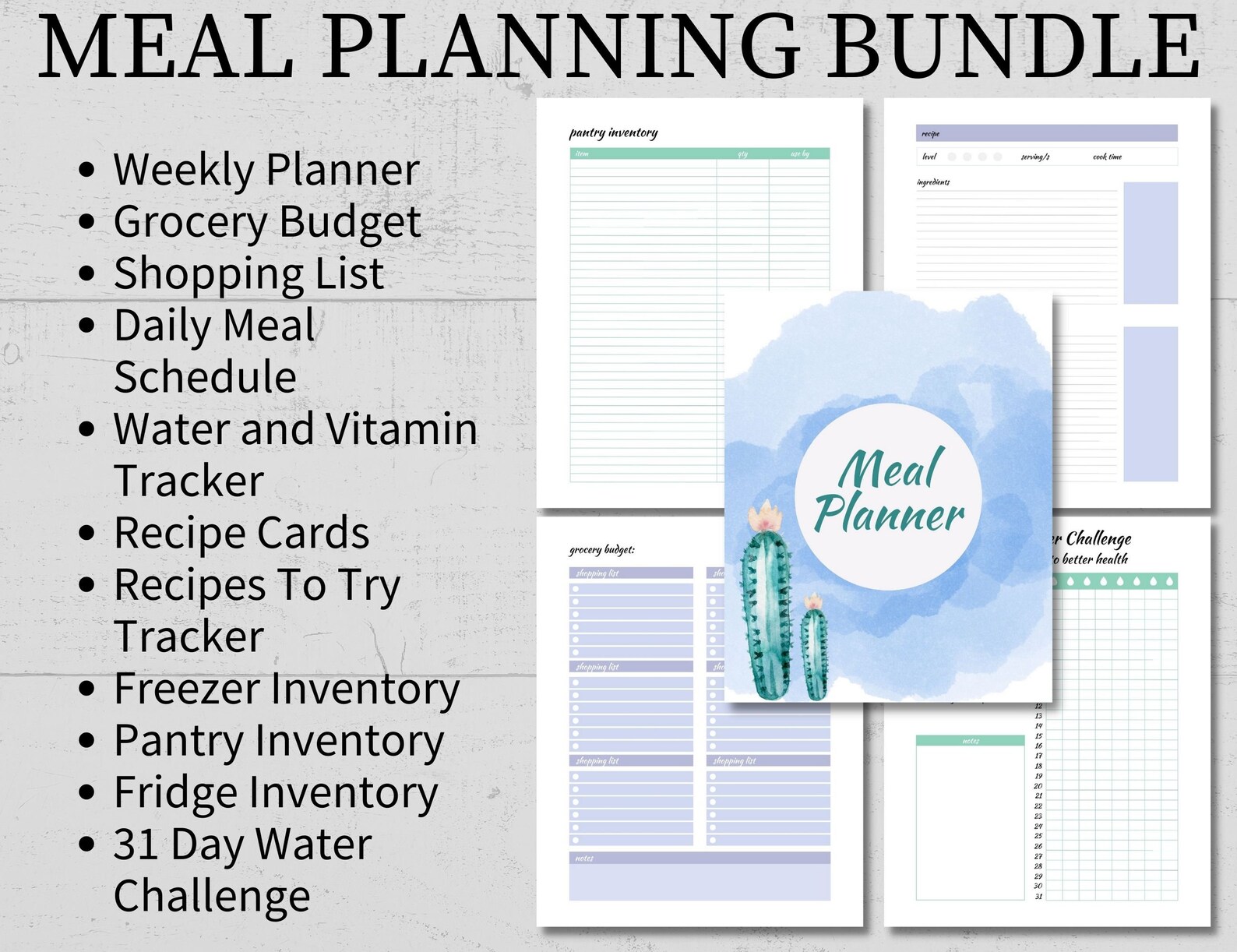 Watercolor Cactus Meal Planner, Meal Planning Bundle, Weekly Meal ...