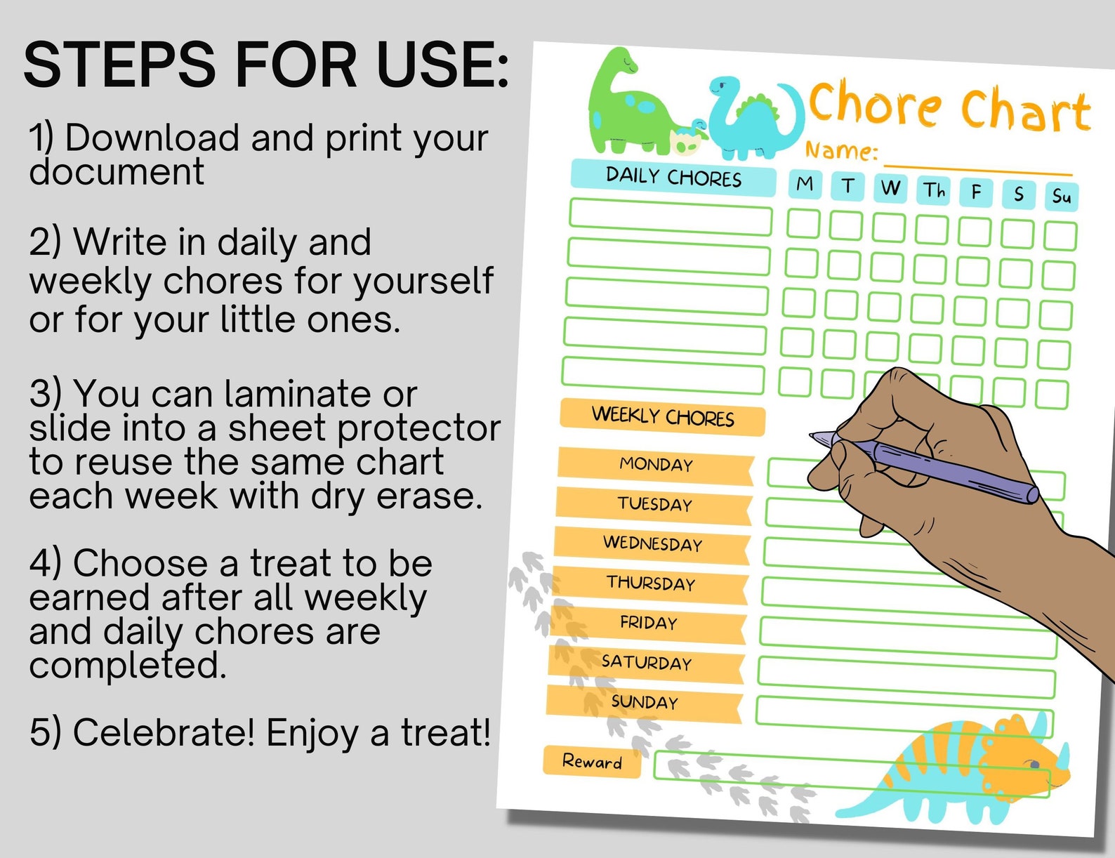 Printable Dinosaur Kids Chore Chart, Responsibility Tracker for Dino ...