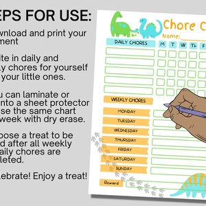 Printable Dinosaur Kids Chore Chart, Responsibility Tracker for Dino ...