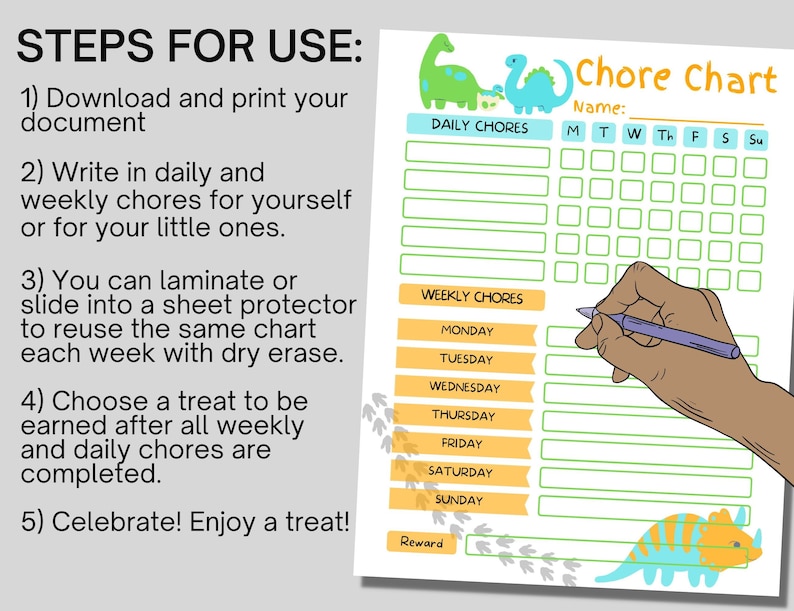 Printable Dinosaur Kids Chore Chart, Responsibility Tracker for Dino ...