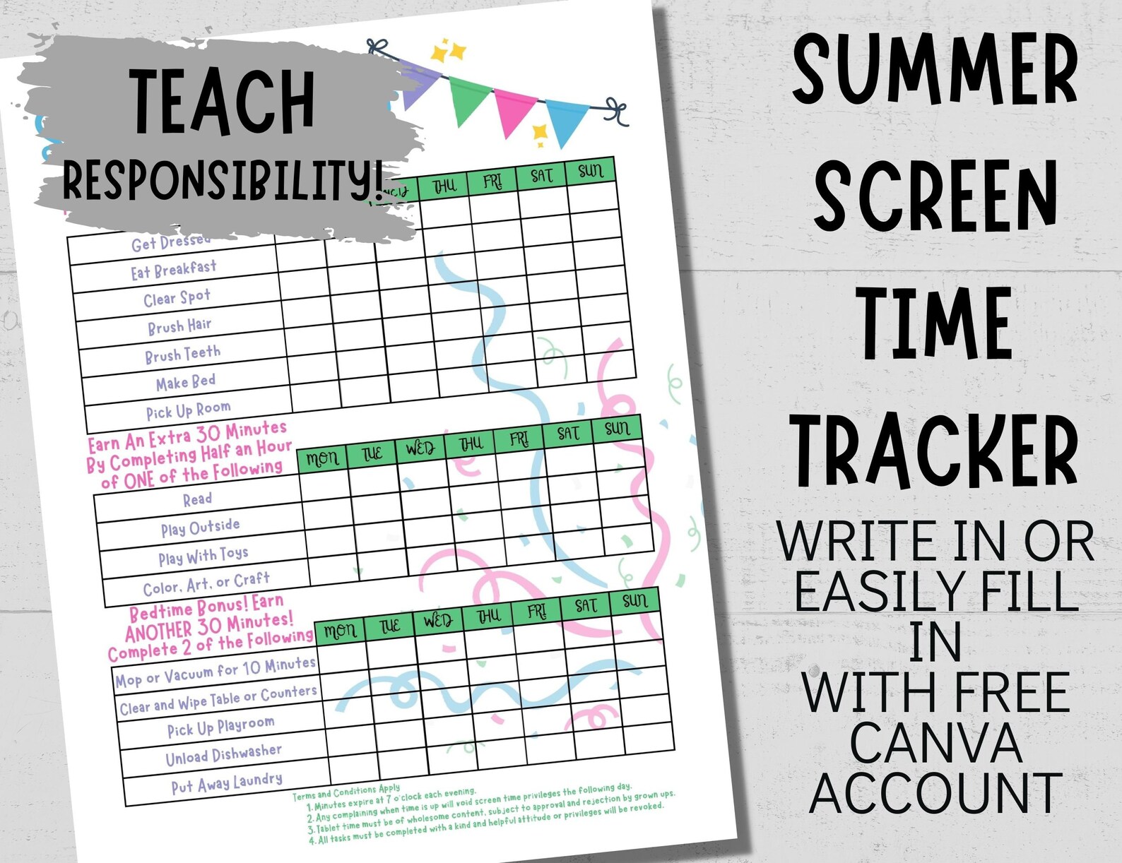 Printable and Editable Kid's & Teens Screen Time Tracker Chore Chart ...