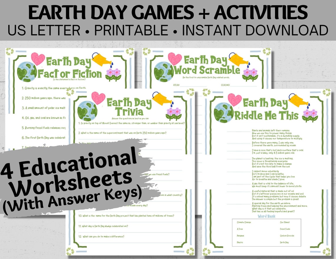 Printable Earth Day Games and Activities Bundle for Kids, Educational ...