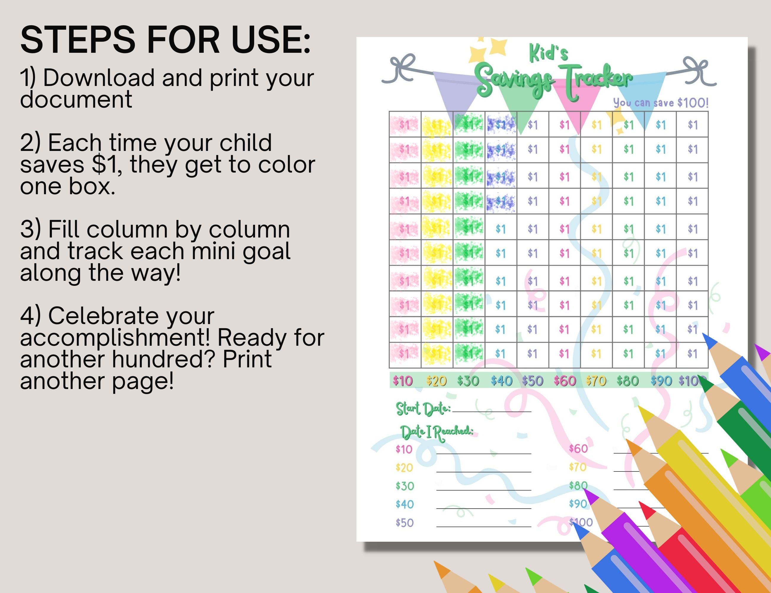 Kid's Savings Challenge, Savings Tracker, 100 Dollar Chart, Teach Kids ...