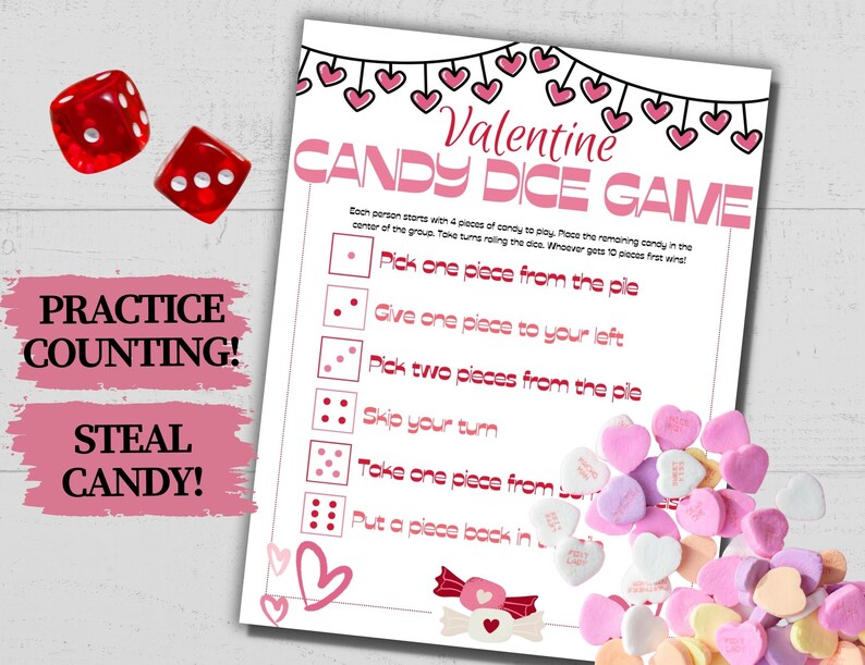 Valentine's Day Candy Dice Game, Printable Valentine Party Game for ...