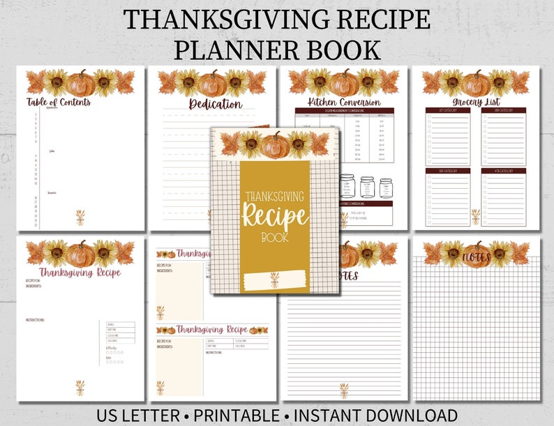 Printable Recipe Planner Book, Thanksgiving Recipe Cards, Thanksgiving ...