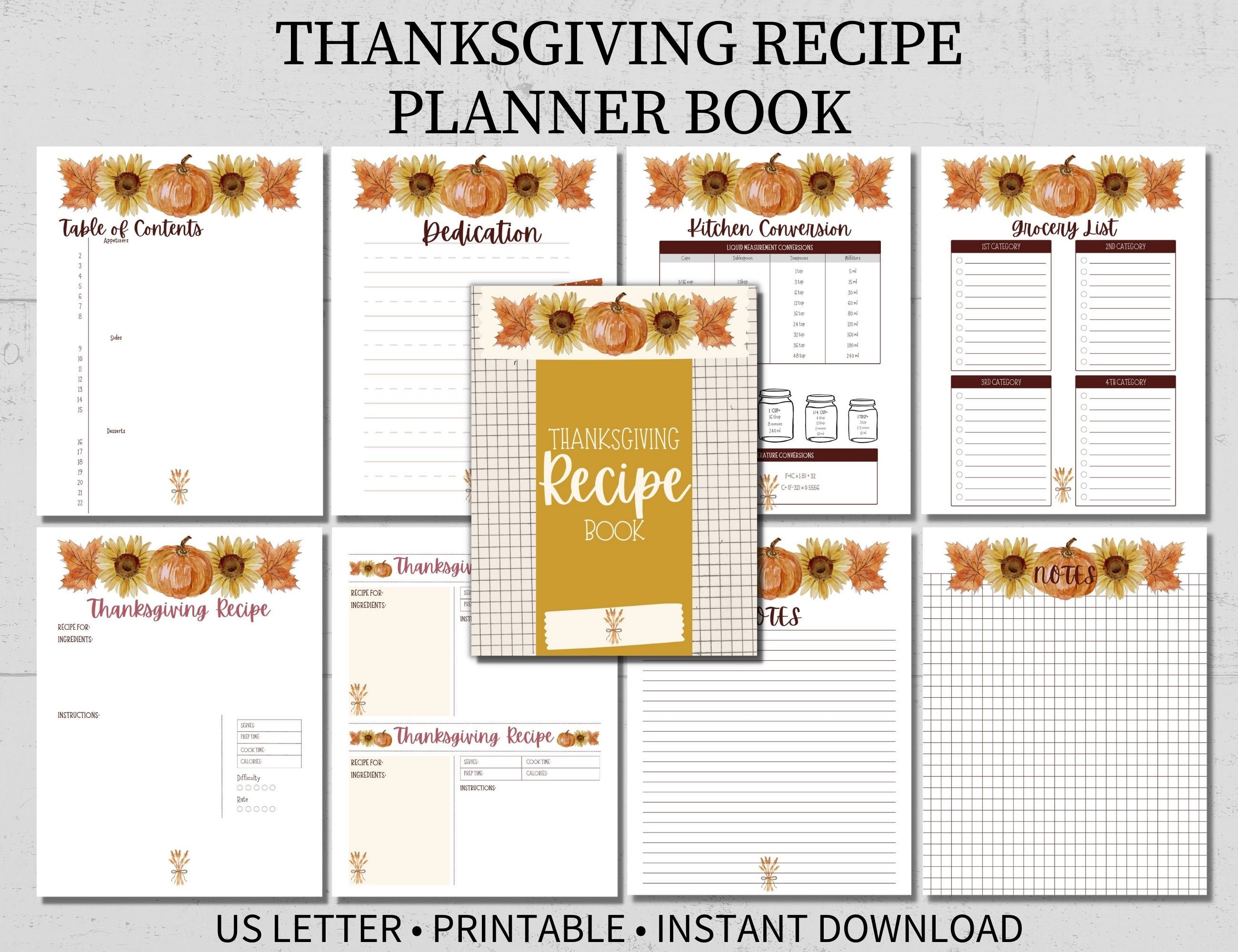 Printable Recipe Planner Book, Thanksgiving Recipe Cards, Thanksgiving ...