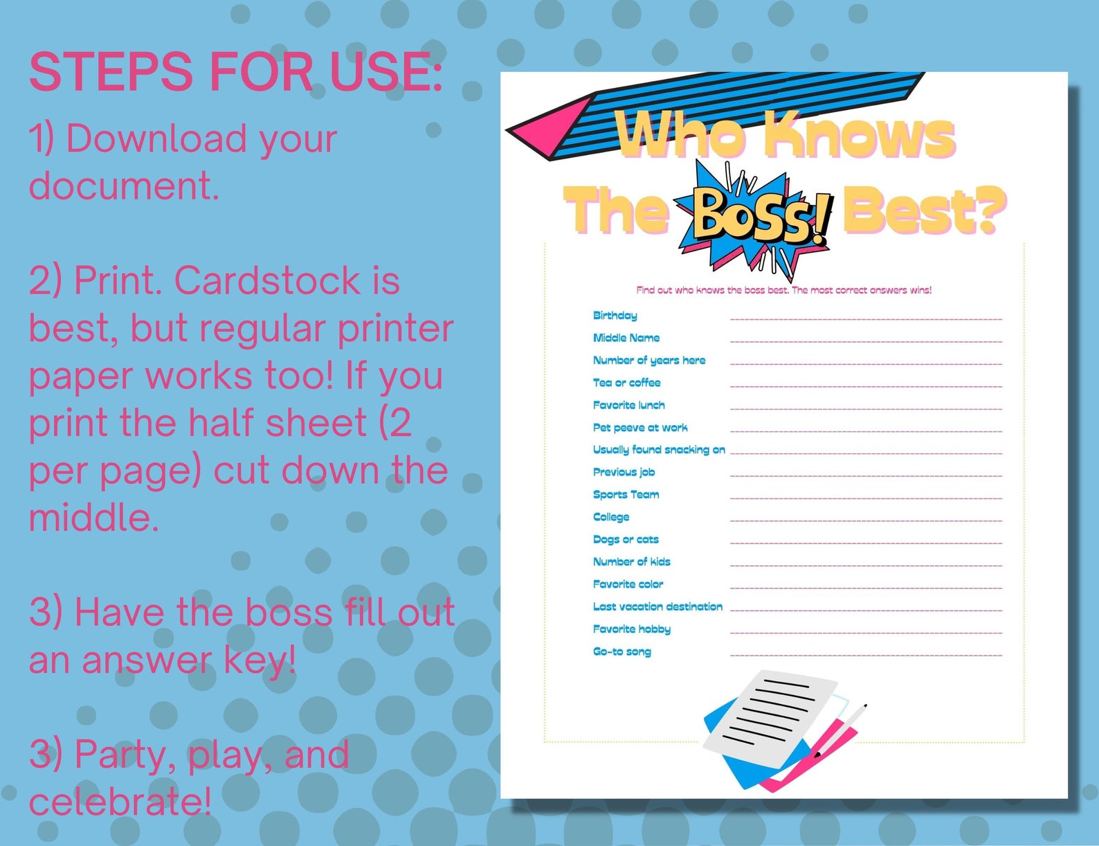 Printable Office Party Game, Who Knows the Boss Best Activity for Work ...