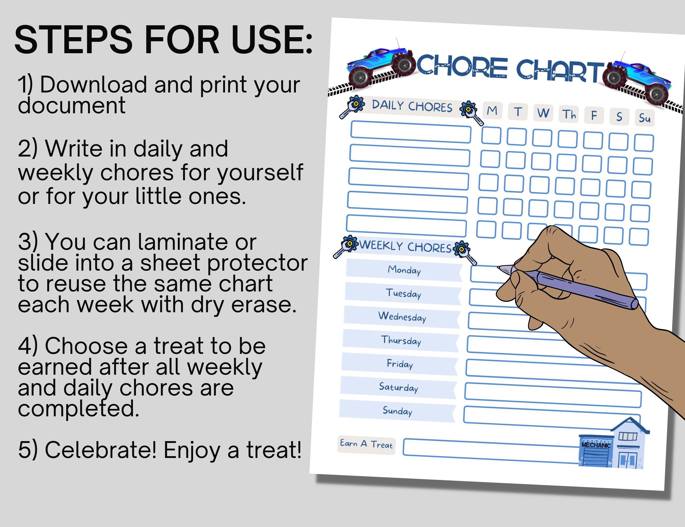 Monster Truck Chore Chart for Kids, Printable Responsibility Tracker ...