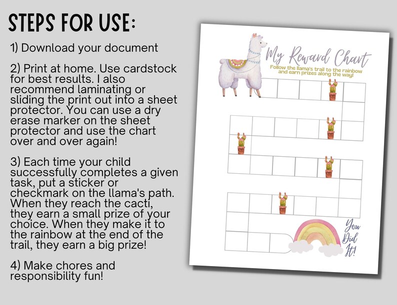 Printable Llama Reward Chart for Kids, Boho Responsibility and Routine ...