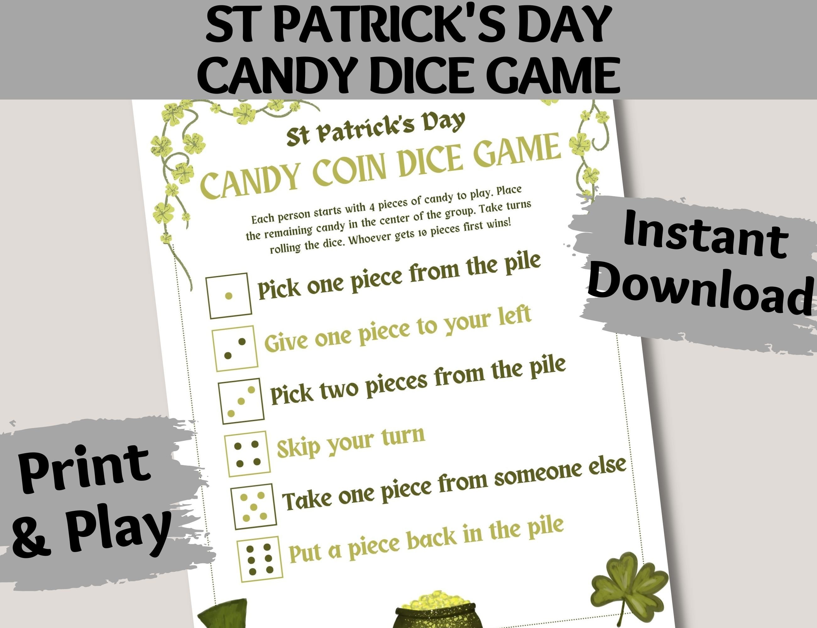 Printable St Patrick's Day Candy Coin Dice Game, St Patty's Party Game ...