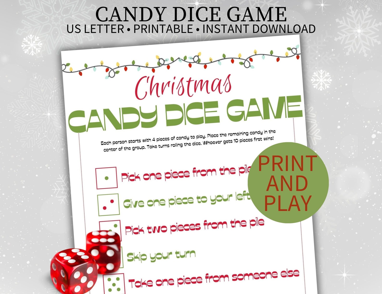 Christmas Candy Dice Game, Printable Christmas Party Game for Kids and ...