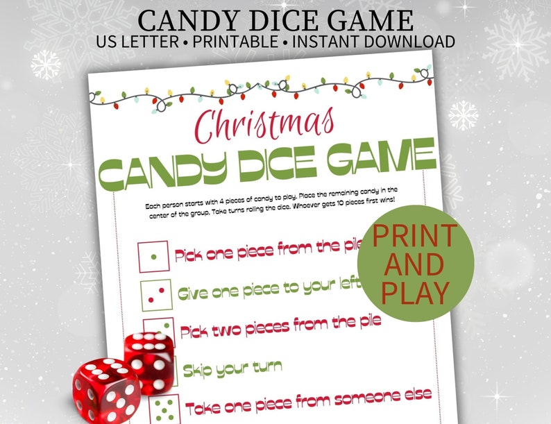 Christmas Candy Dice Game, Printable Christmas Party Game for Kids and ...