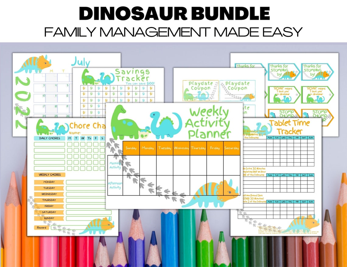 Printable Dinosaur Themed Family Management, Kid Planners, Charts, and ...