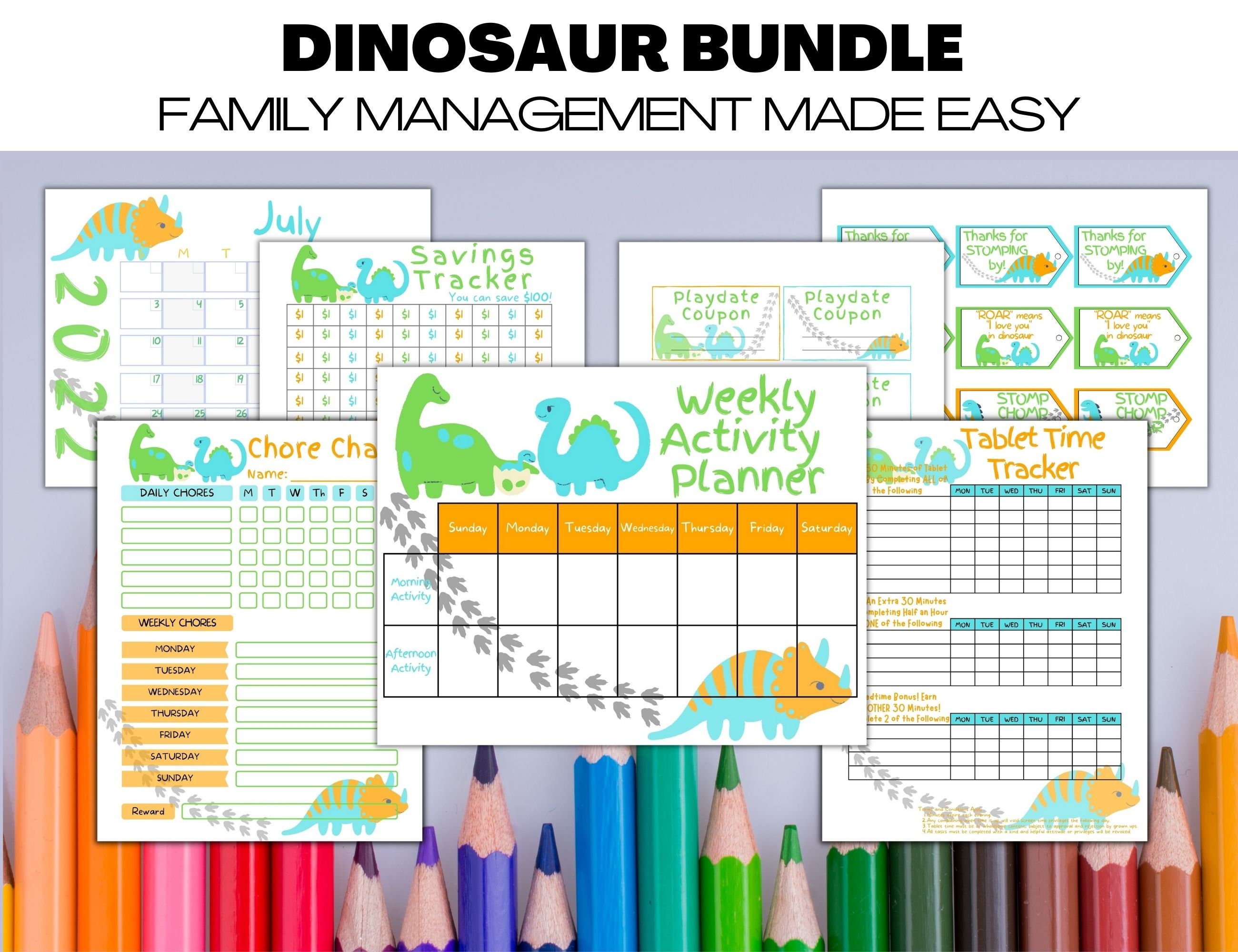 Printable Dinosaur Themed Family Management, Kid Planners, Charts, and ...