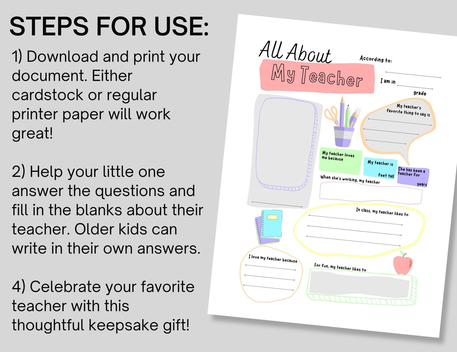 All About My Teacher, Printable Teacher Appreciation Gift, DIY Present ...
