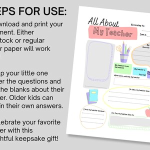 All About My Teacher, Printable Teacher Appreciation Gift, DIY Present ...