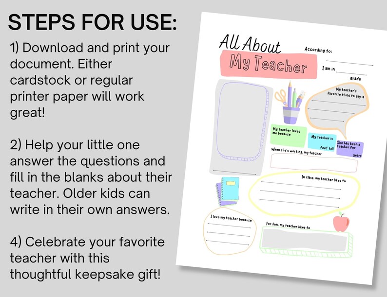 All About My Teacher, Printable Teacher Appreciation Gift, DIY Present ...